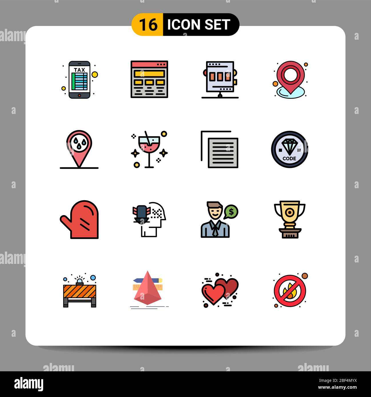 Universal Icon Symbols Group of 16 Modern Flat Color Filled Lines of ...