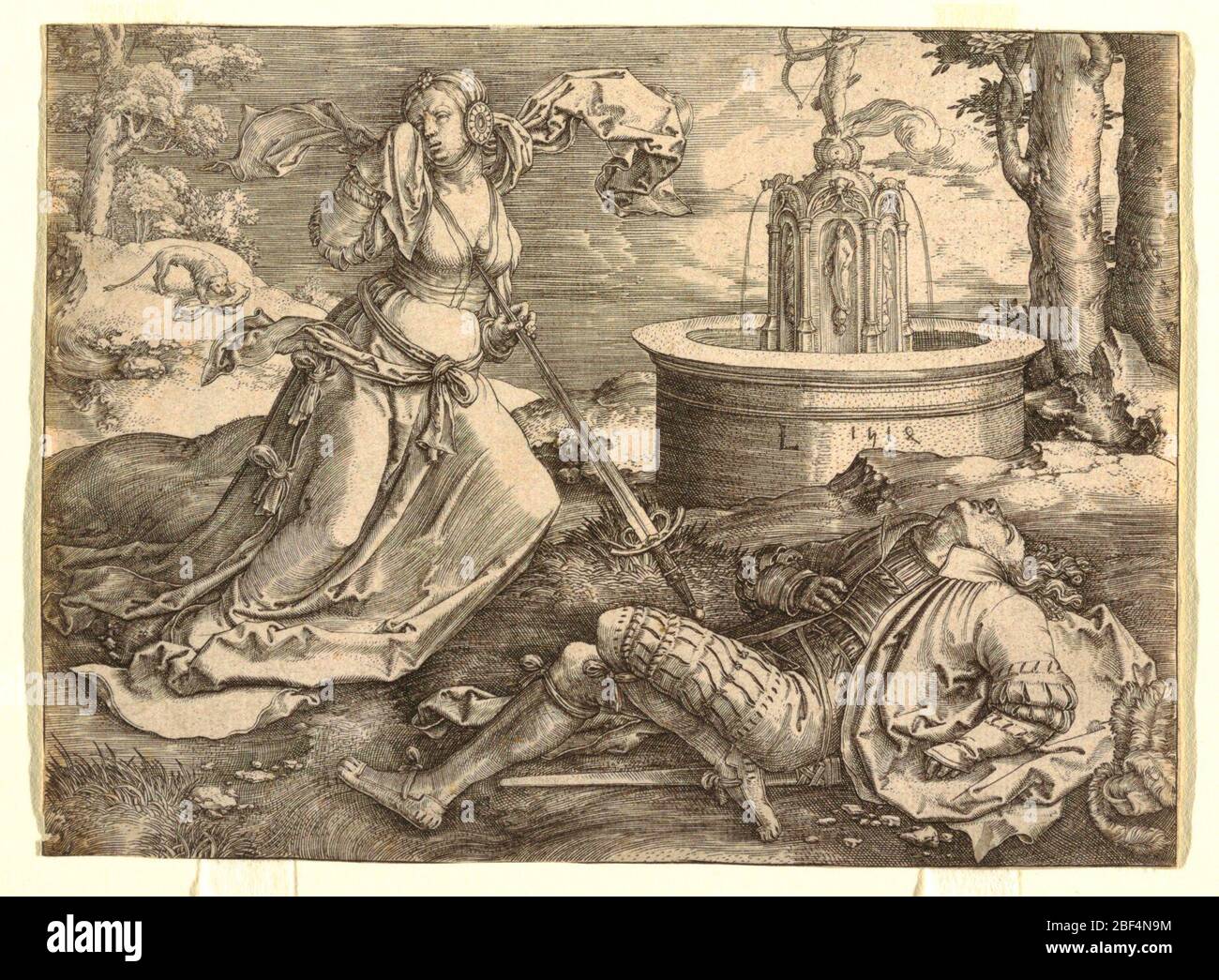 Pyramus and Thisbe. At right the body of Pyramus is on the ground, and ...