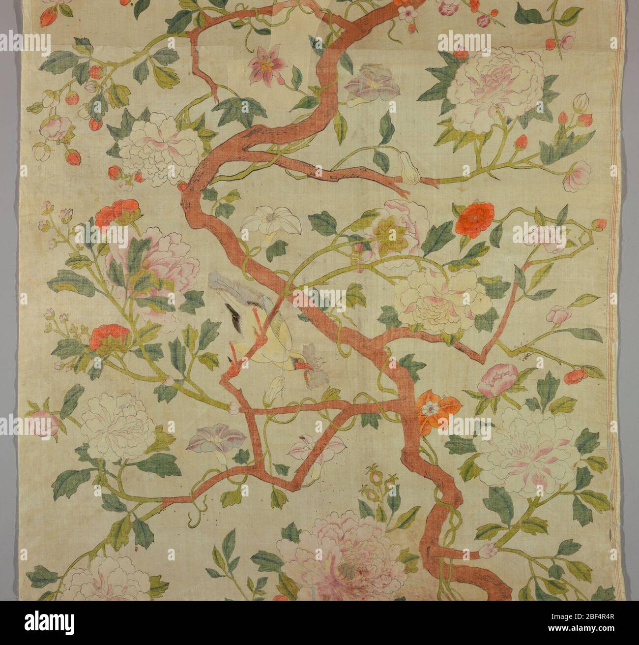 Textile. Design of serpentine tree trunk throwing off flowering ...