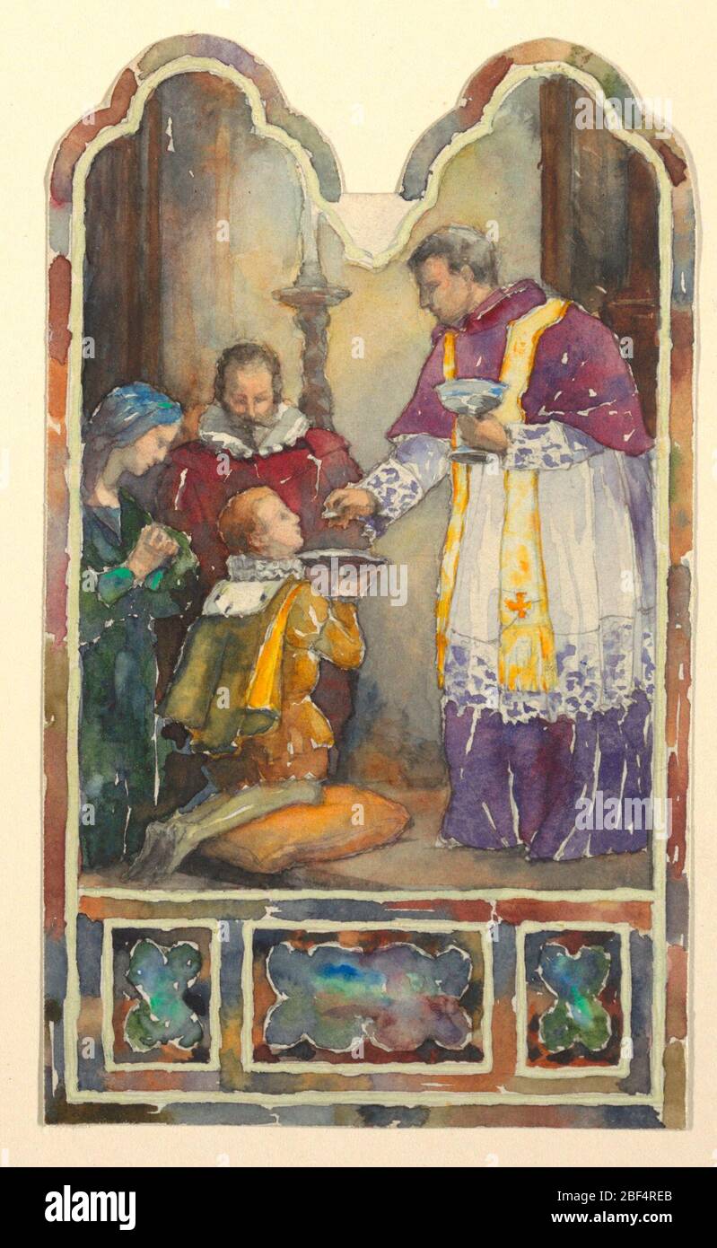 Stained glass window First communion. Three figures taking communion ...