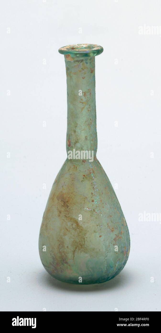 Flask. Pyriform body with tall neck slightly pinched at base; circular ...