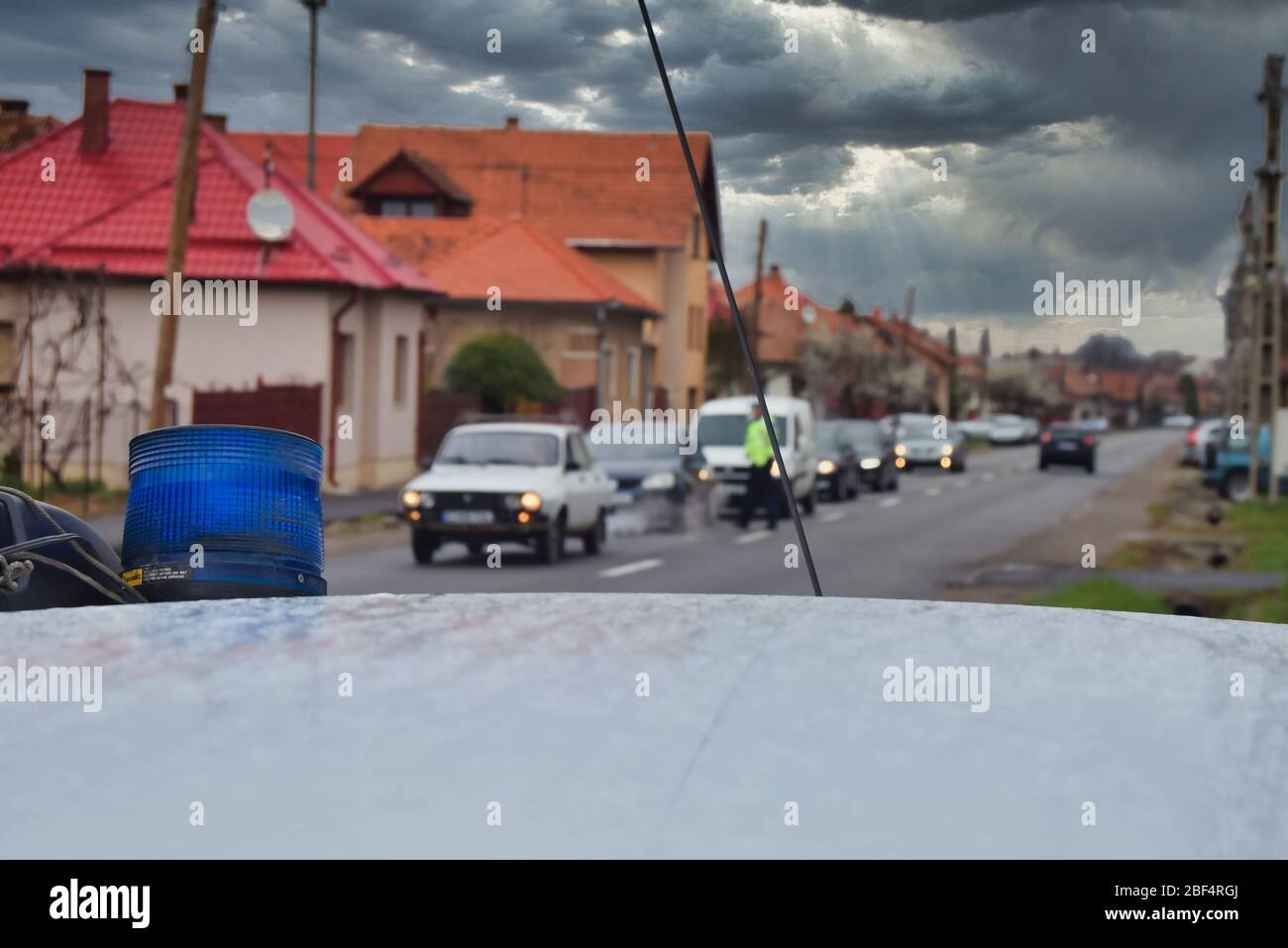 Cluj-Napoca,Cluj/Romania-03.26.2020-Police car lights on, blue and red ...