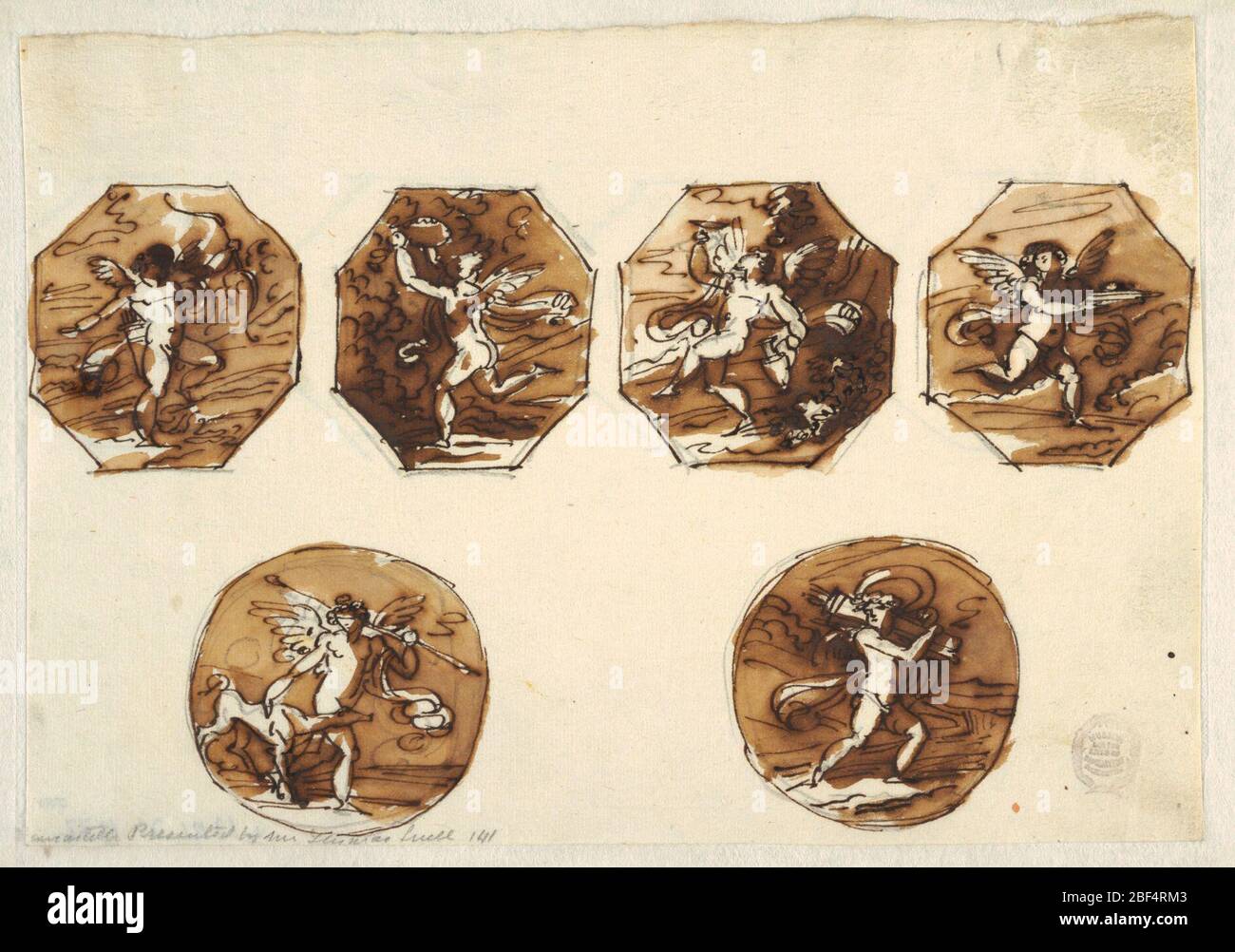 Putti in Four Octagons and Two Circles. Horizontal rectangle. Upper row ...