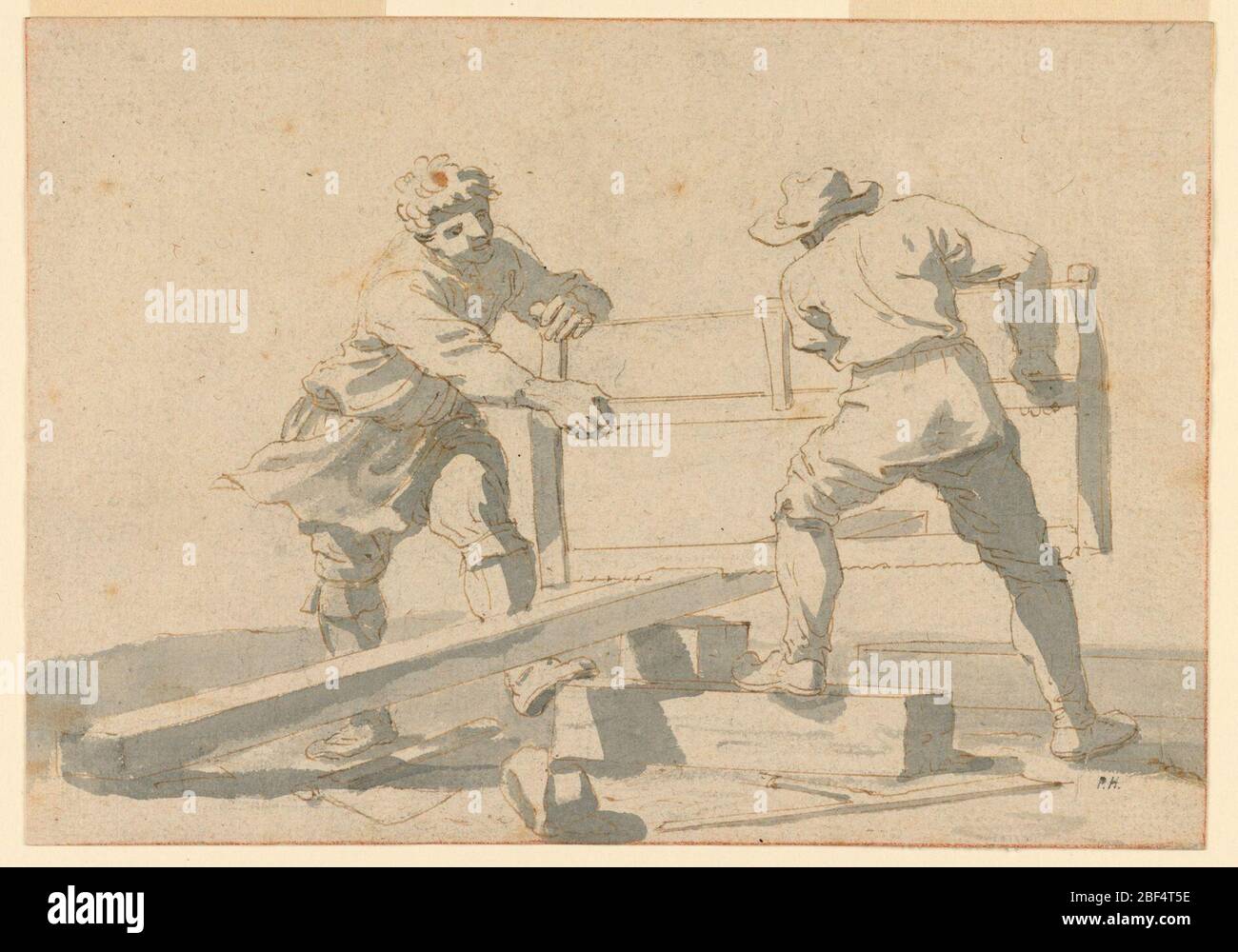 Two Men Sawing a Plank. Two men are in the act of sawing through a ...