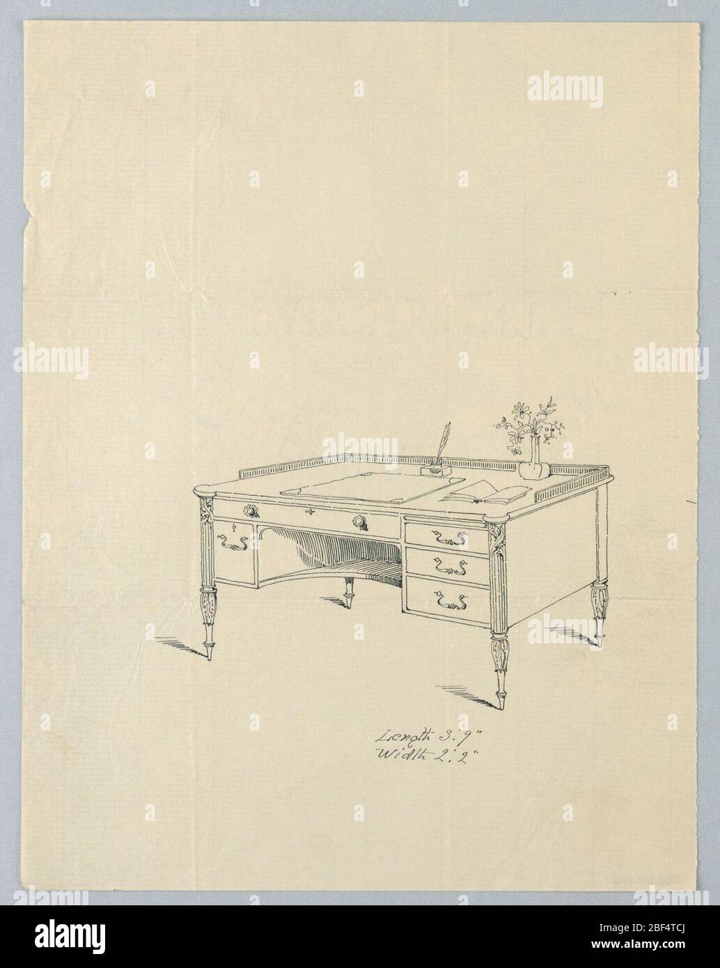 Design for Rectangular Writing Table with Quill Pen and Inkwell Atop ...