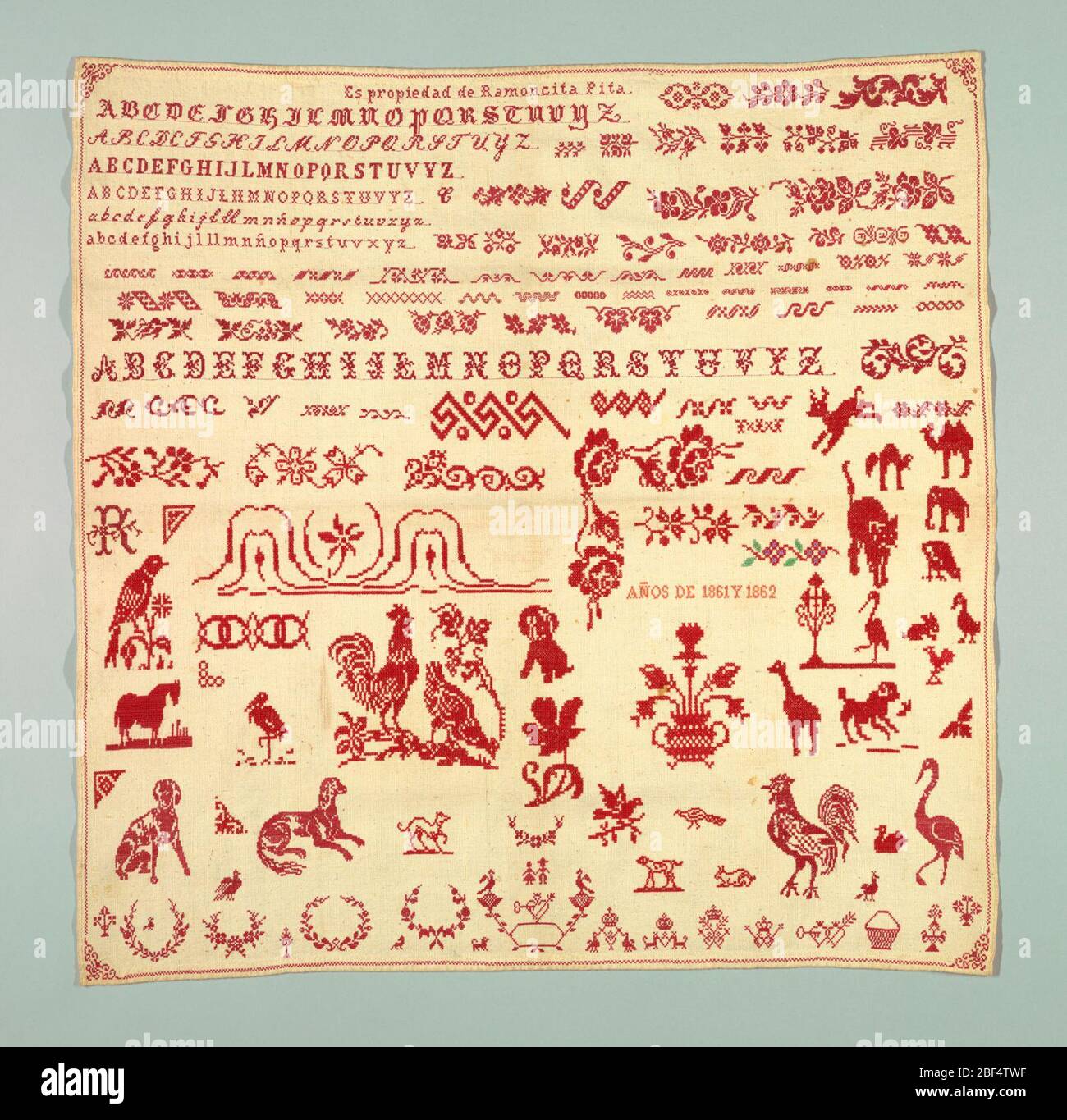 Sampler. Alphabets, floral and geometric pattern bands, and spot motifs ...