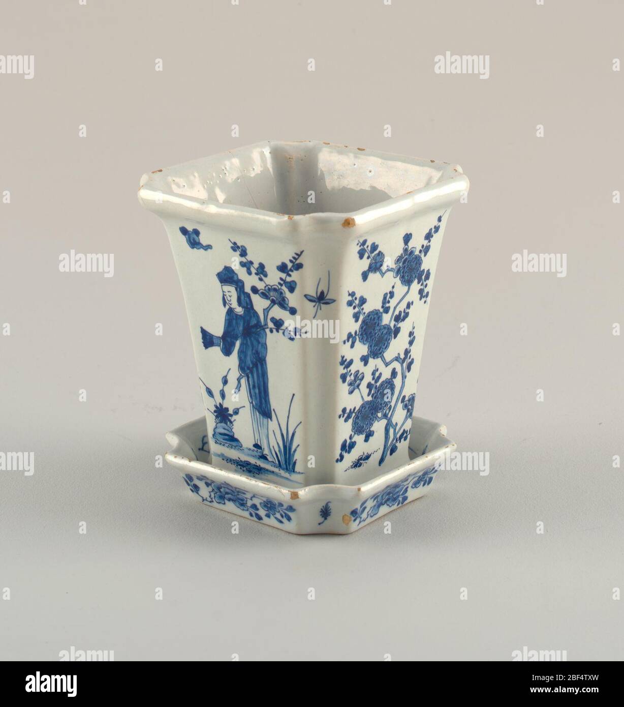 Flower pot and stand. Four-sided pot with champfered corners, slightly ...