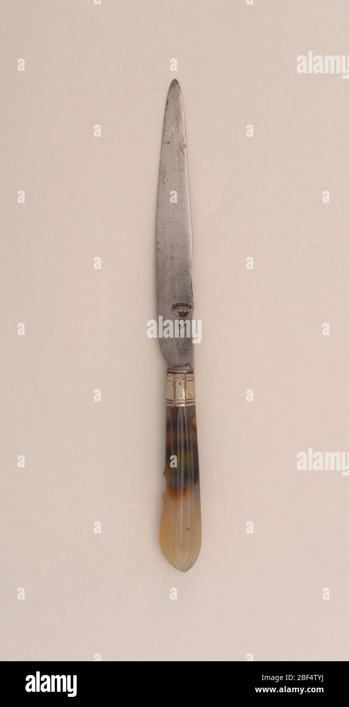 Knife. Leaf-shaped blade has curved upper edge. Octagonal silver ...