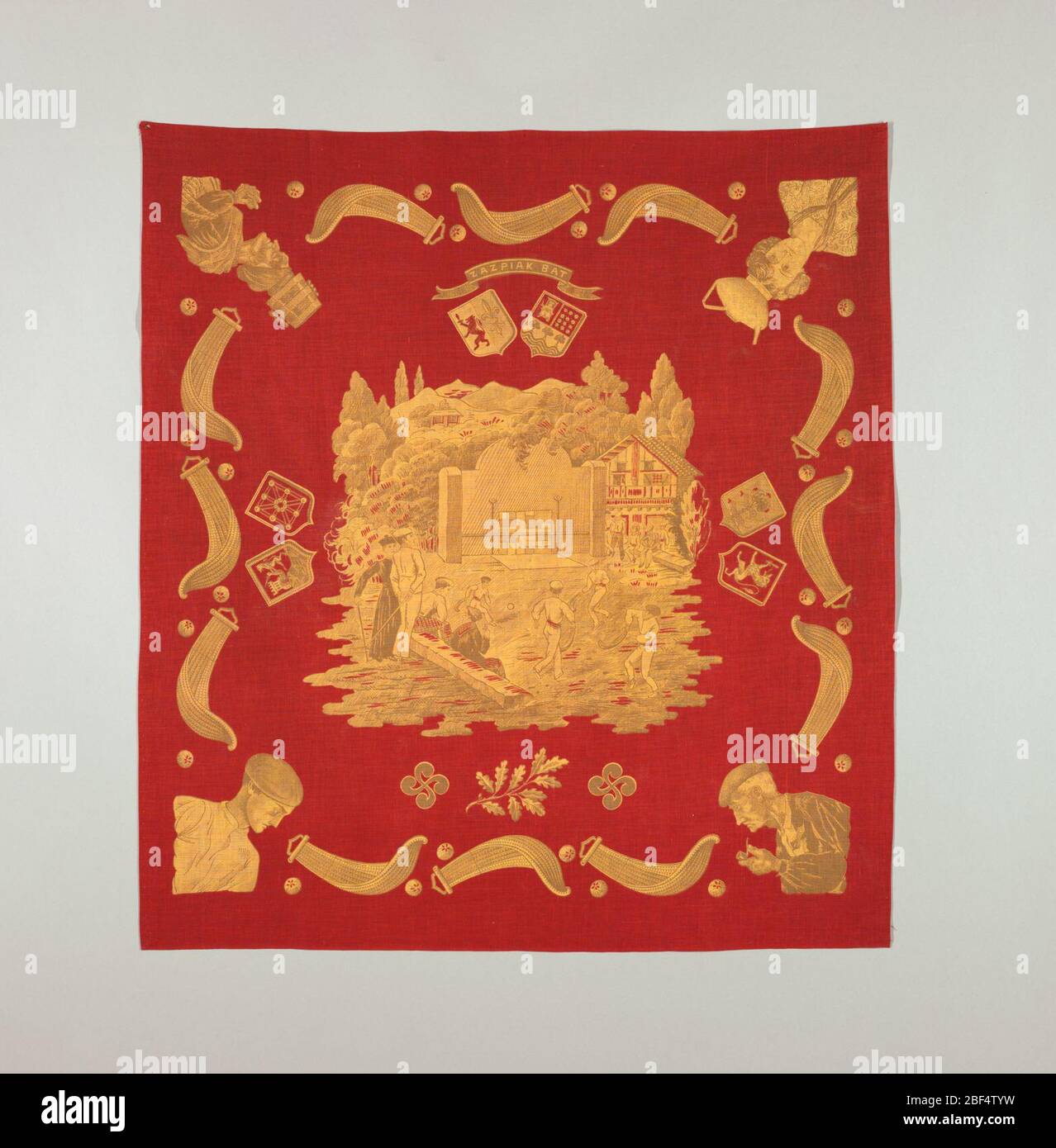 Handkerchief. Red background with tan printed scene of a handball game ...