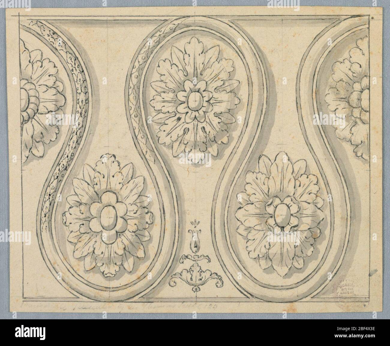Design for an Ornament. Horizontal rectangle with a carved cornice with ...