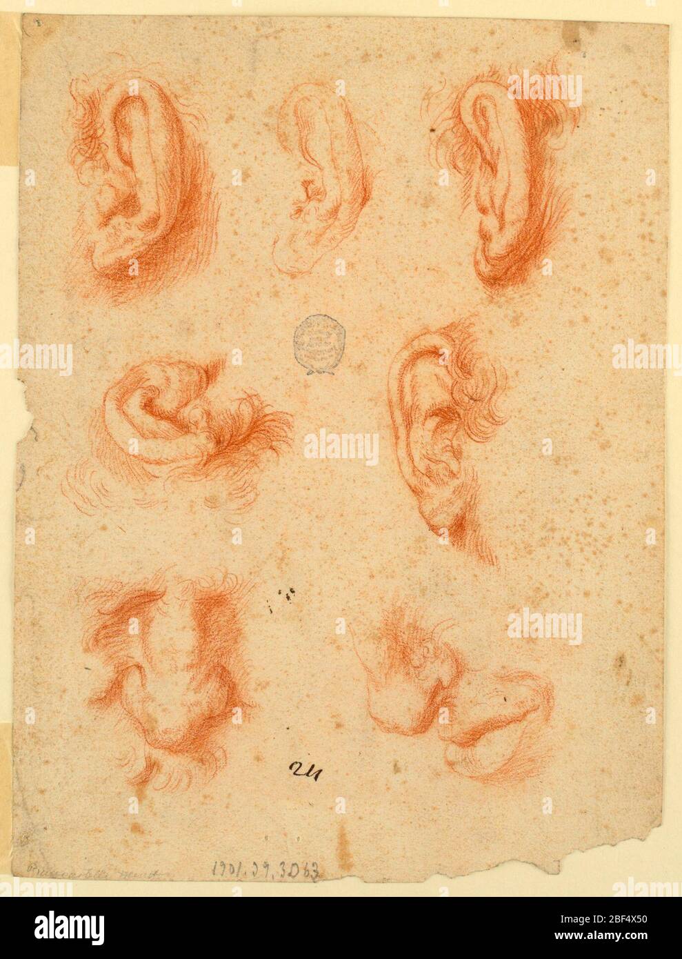Studies of five ears noses and a mouth. Vertical rectangle; A) Top row ...
