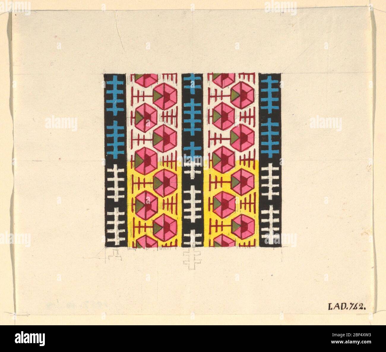 Geometric design for printed textile. Tiny red & green pointed trees in ...