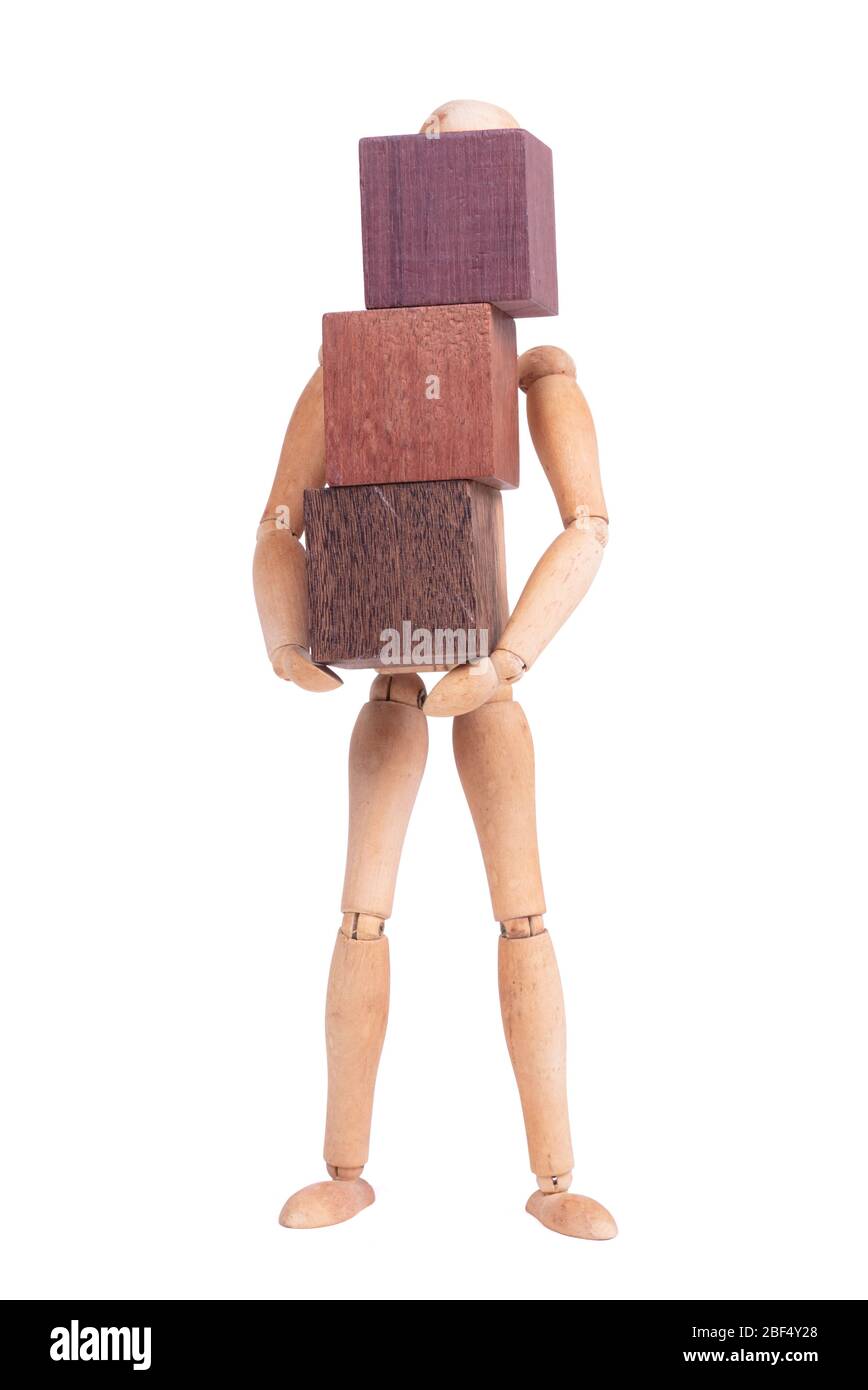 Wooden mannequin carrying wooden hardwood blocks, isolated on white ...