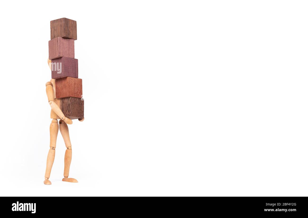 Wooden mannequin carrying wooden hardwood blocks, isolated on white ...
