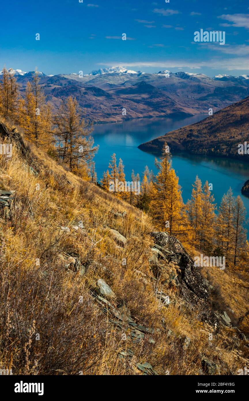 Kanas Lake Nature Reserve taken from a hillside in the park. Xinjiang ...