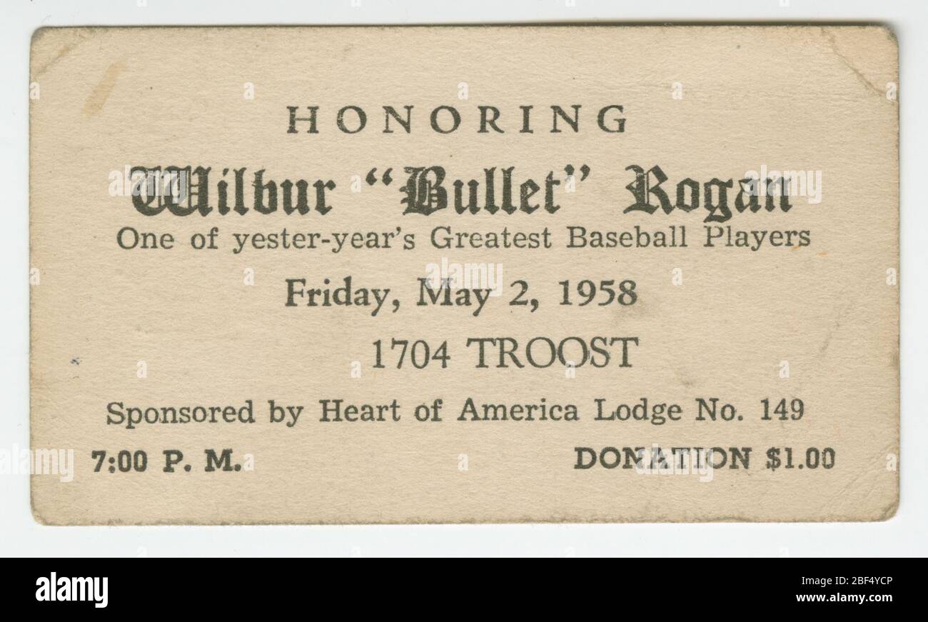 Advertising card for an event honoring Wilbur Bullet Rogan. Wilbur ...