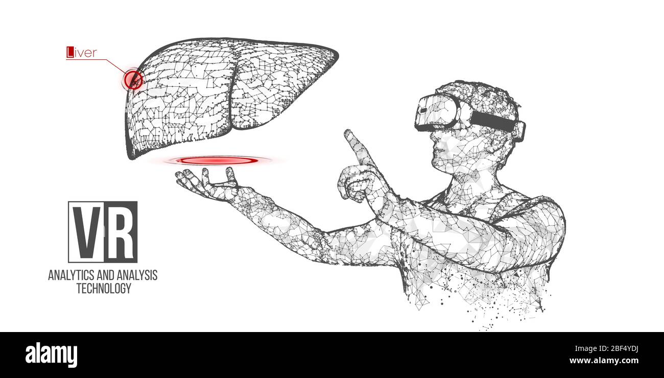 VR wireframe headset vector banner. Polygonal man wearing virtual ...