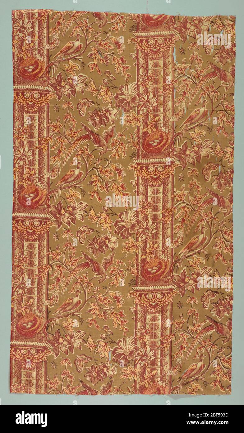 Textile. Pillar print with a fine floral vine and a pair of birds ...