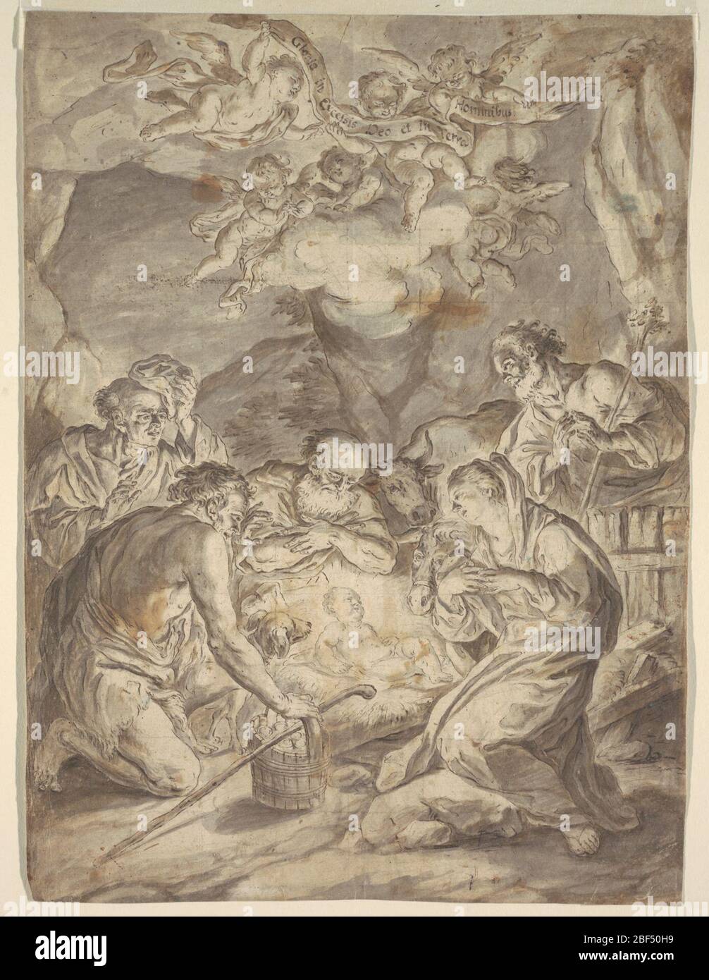 Adoration of the Shepherds. Nativity scene showing the infant Christ child reclining on hay at ...