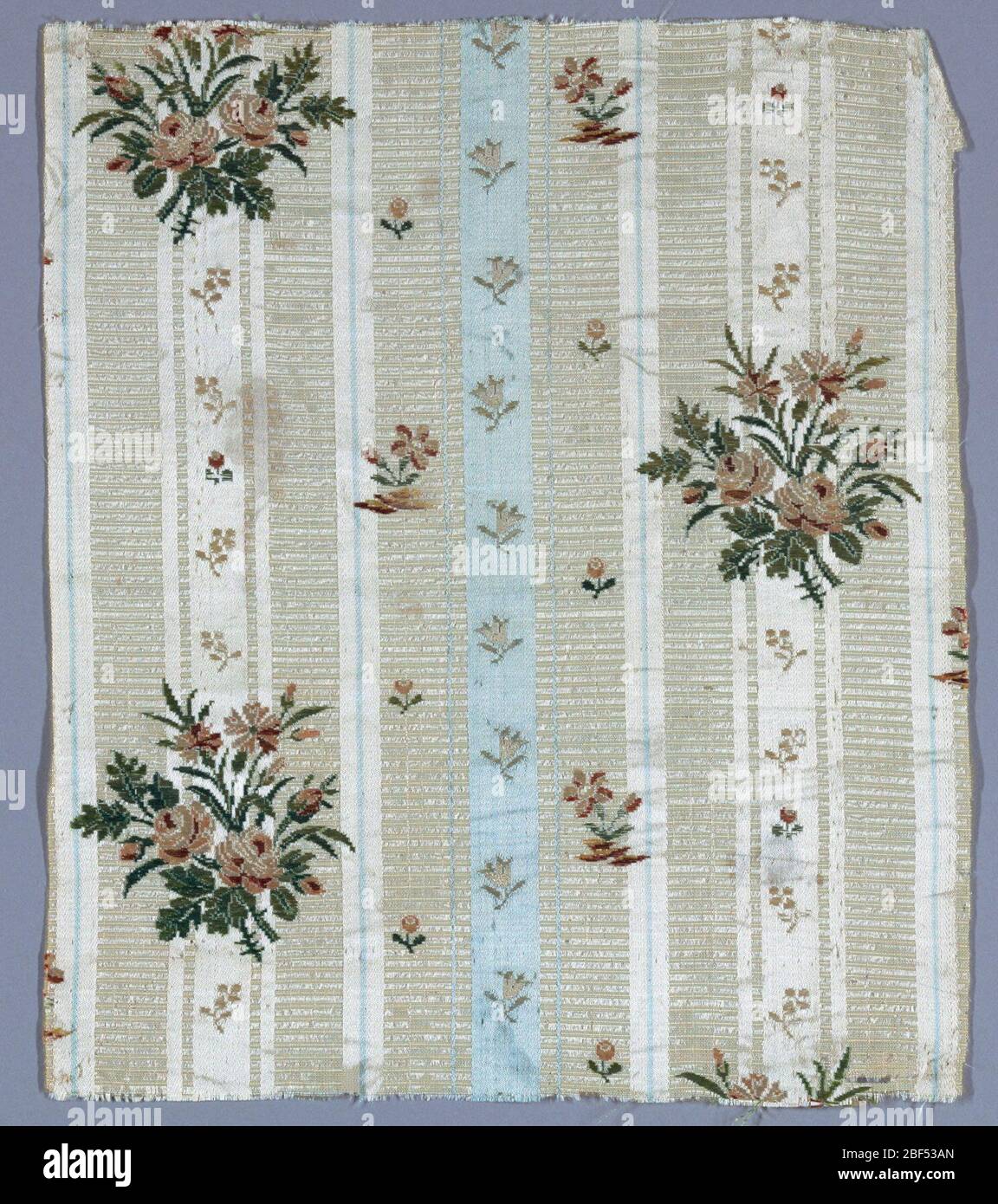Fragment. verical stripe of blue on a white ground. Scattered bouquets ...