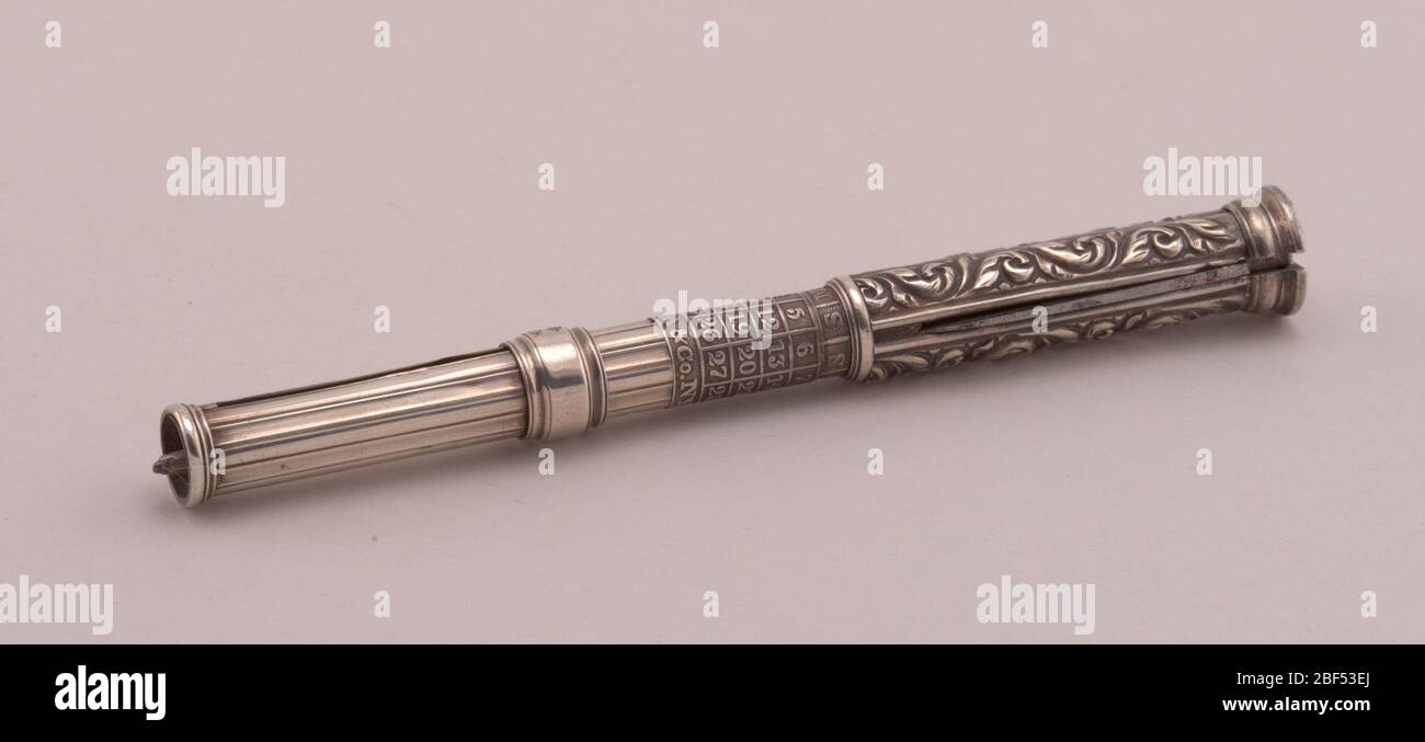Mechanical pencil. Bands of foliate scrolls above a perpetual calendar ...