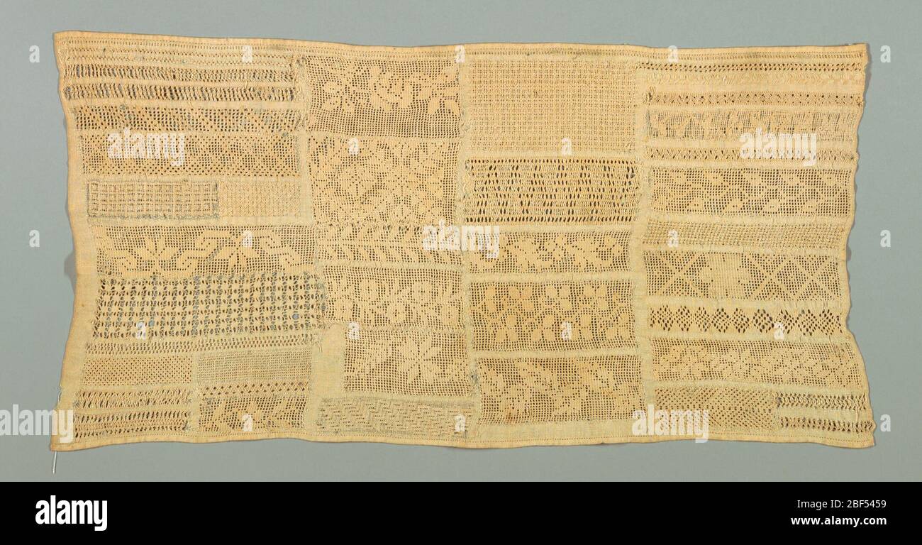 Sampler. Four columns of floral and geometric pattern bands in white ...