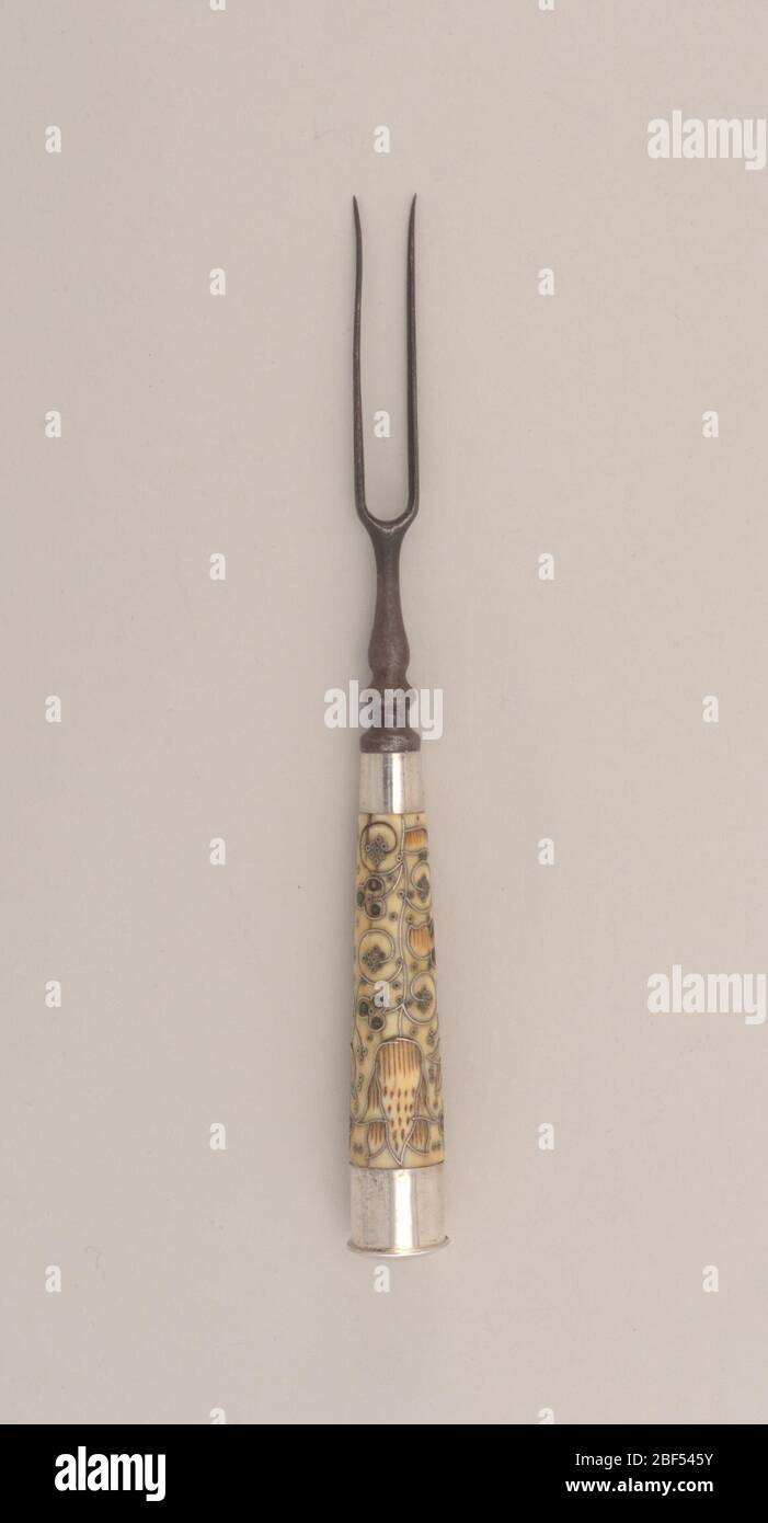 Fork. Two-tined fork, baluster-shaped neck. Plain silver ferrule and ...