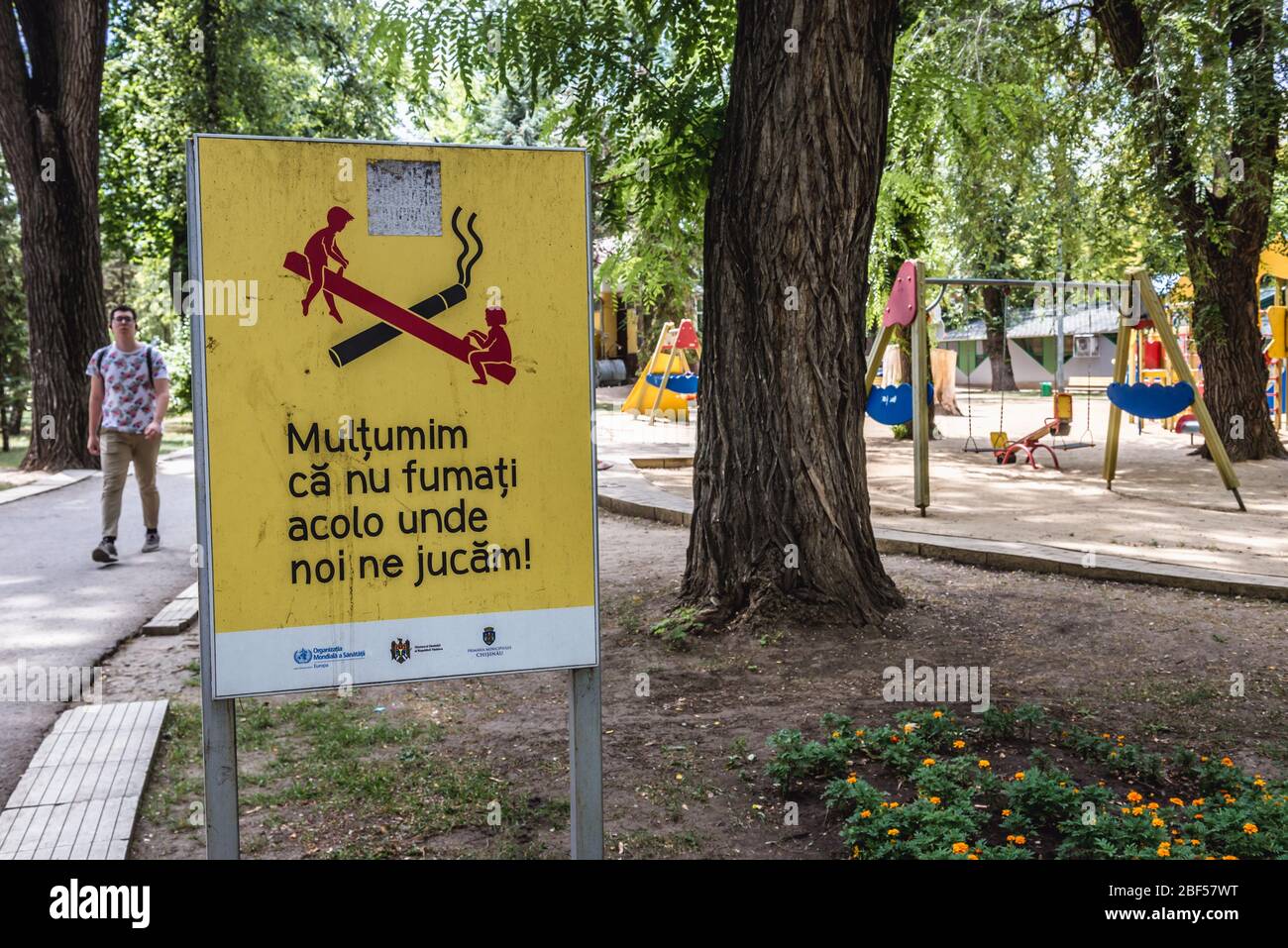 No smoking sign on a playground in Cathedral Park in Chisinau, capital ...