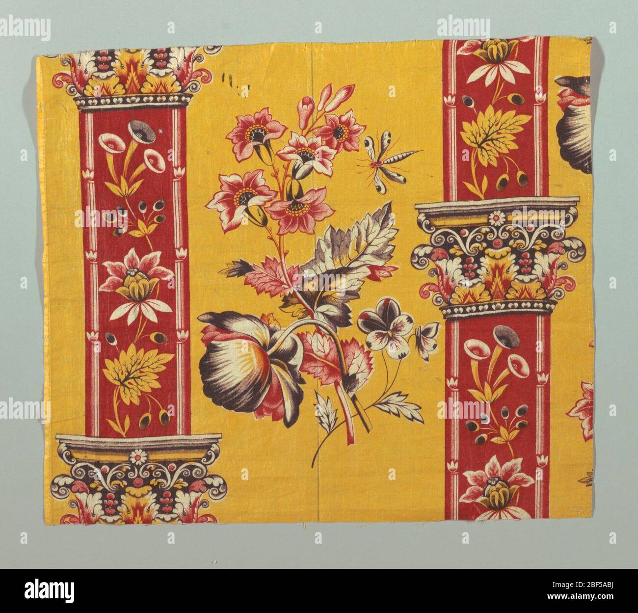 Textile. Piece of thin glazed chintz, printed by combination of roller ...
