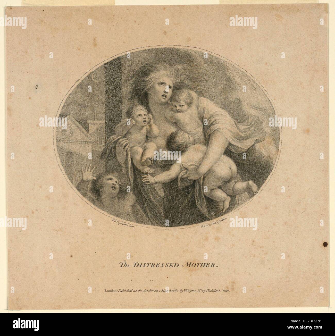 The Distressed Mother. A mother with four children fleeing from flames ...