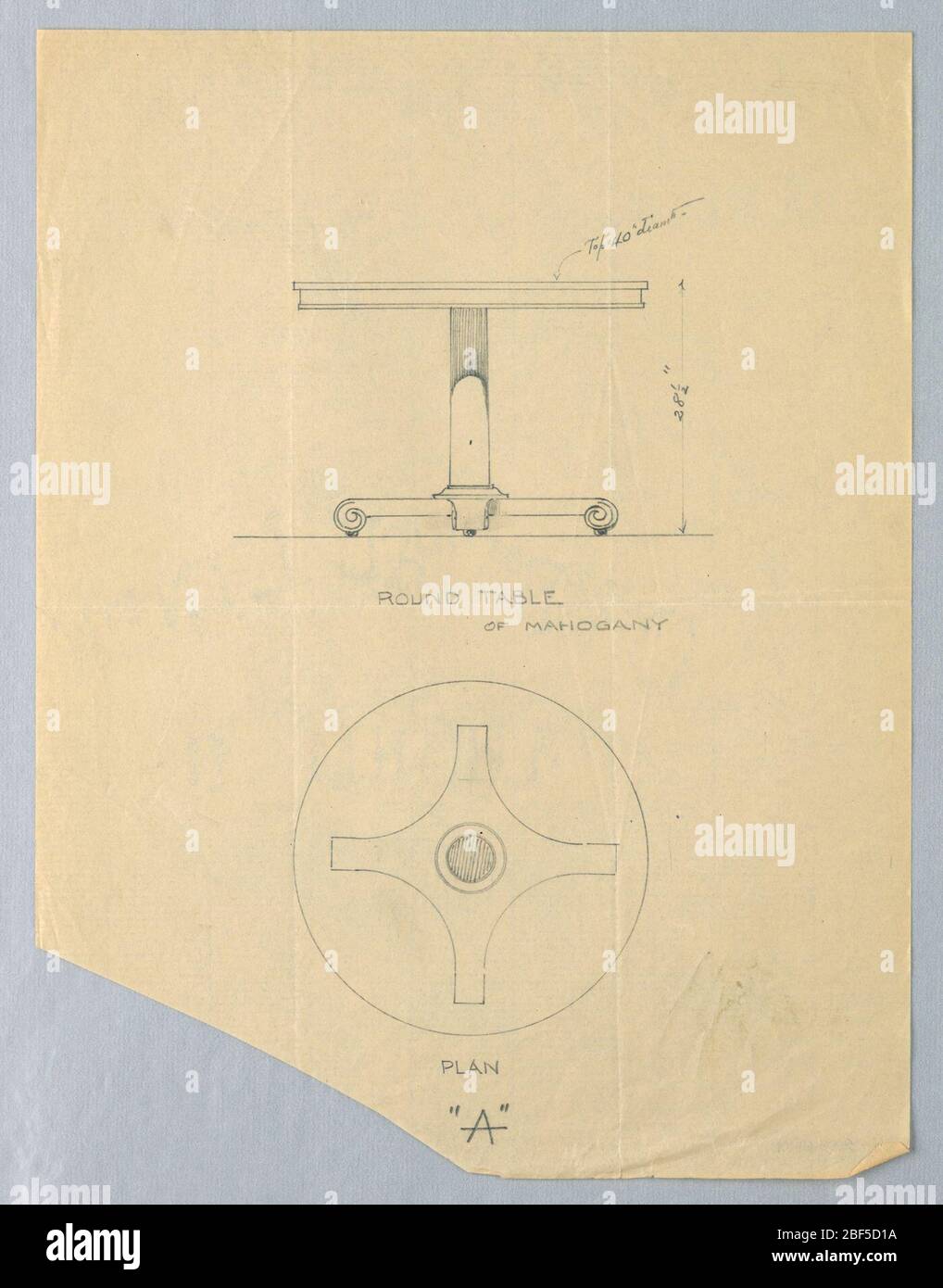 Design for a Round Table of Mahogany A elevation and plan. In the upper ...