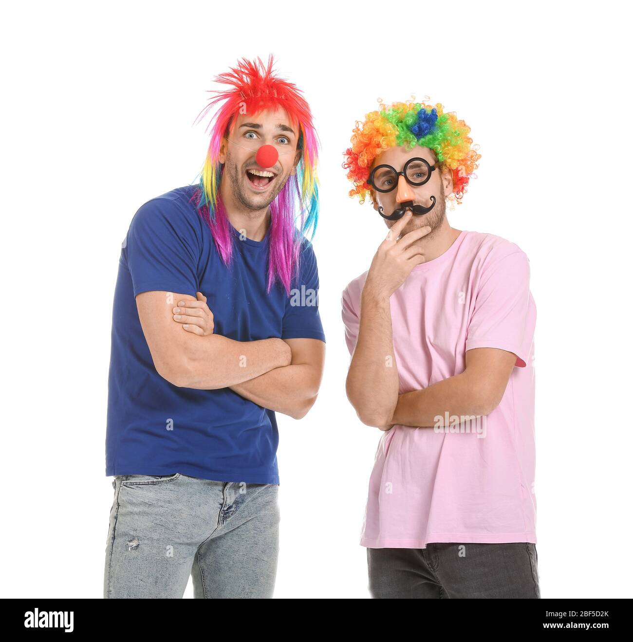 People in funny disguise on white background. April fools' day ...
