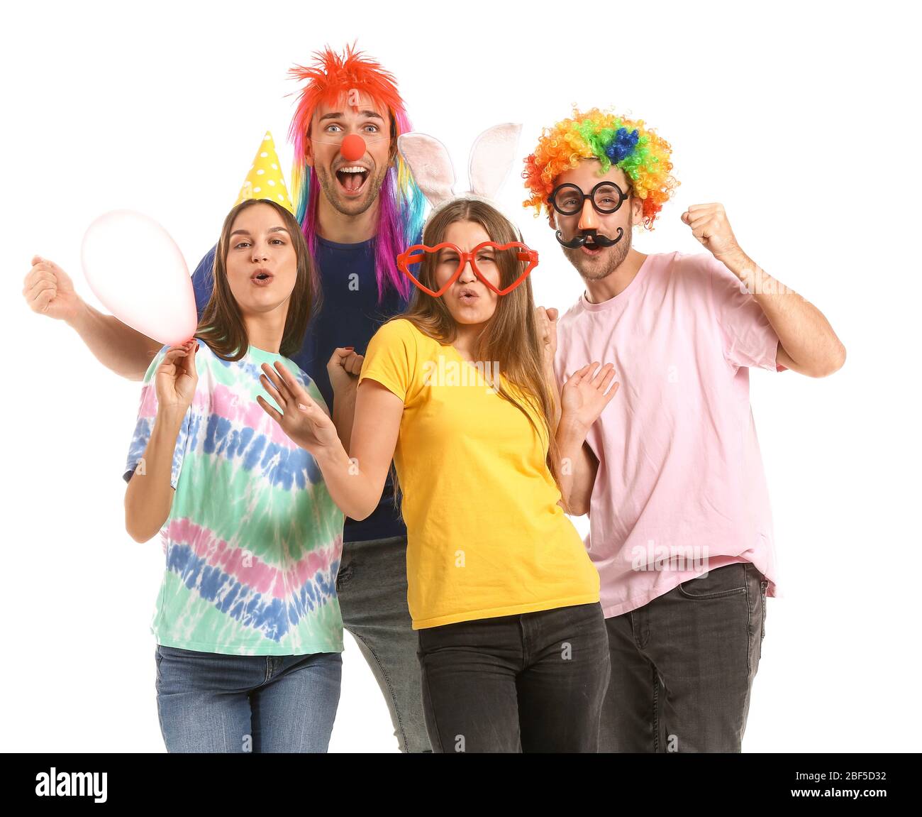 People in funny disguise on white background. April fools' day ...