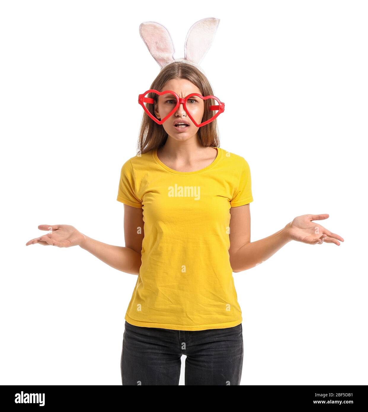 Woman in funny disguise on white background. April fools' day ...