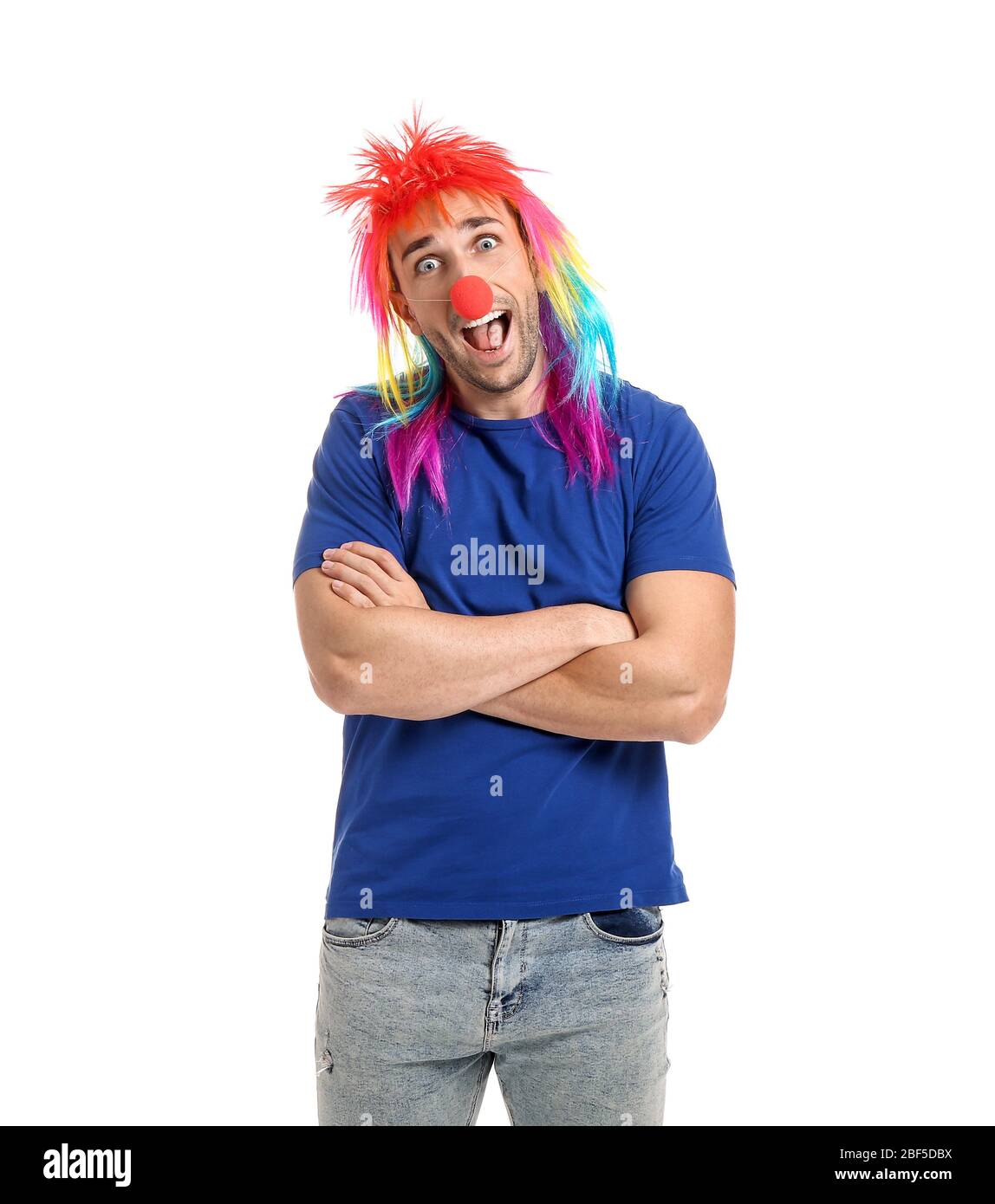 Man in funny disguise on white background. April fools' day celebration ...