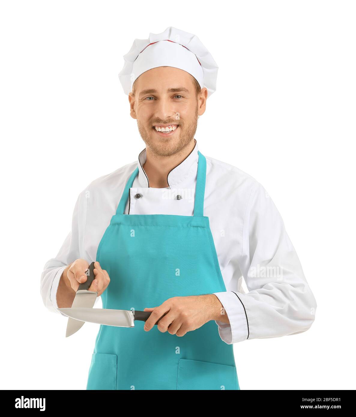 Handsome male chef knives on white background Stock Photo - Alamy