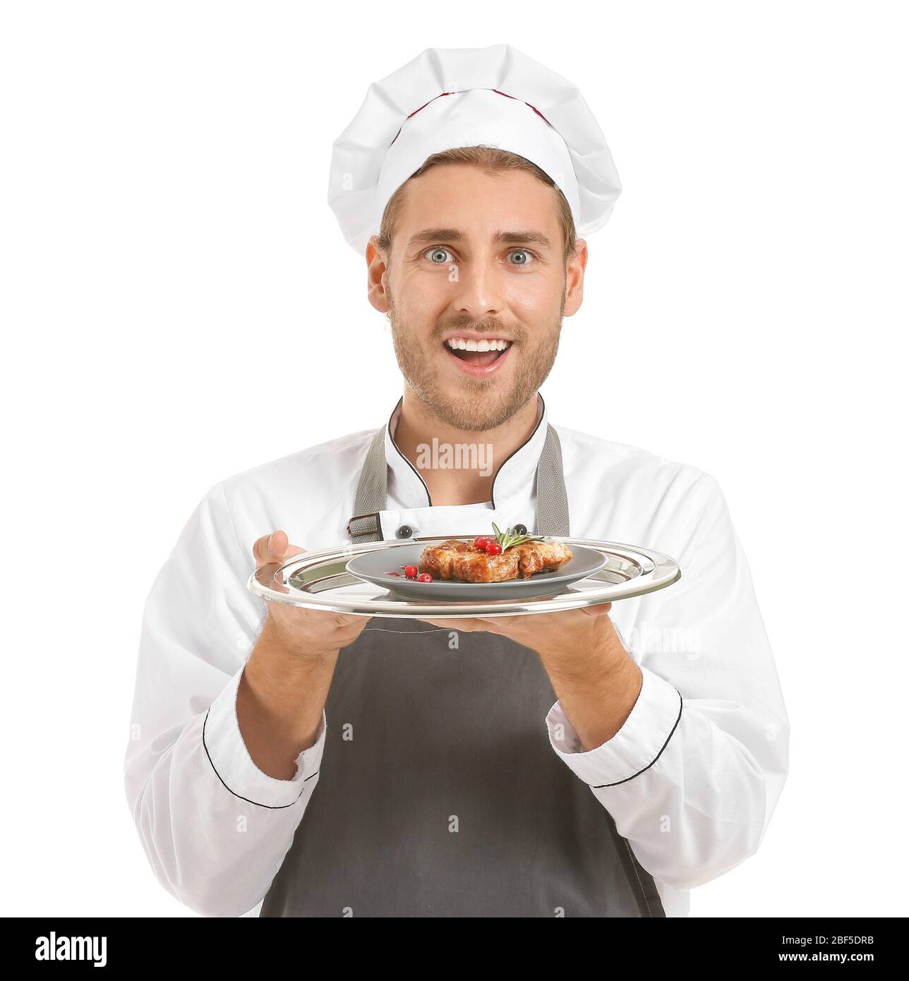 Happy male chef with prepared dish on white background Stock Photo - Alamy