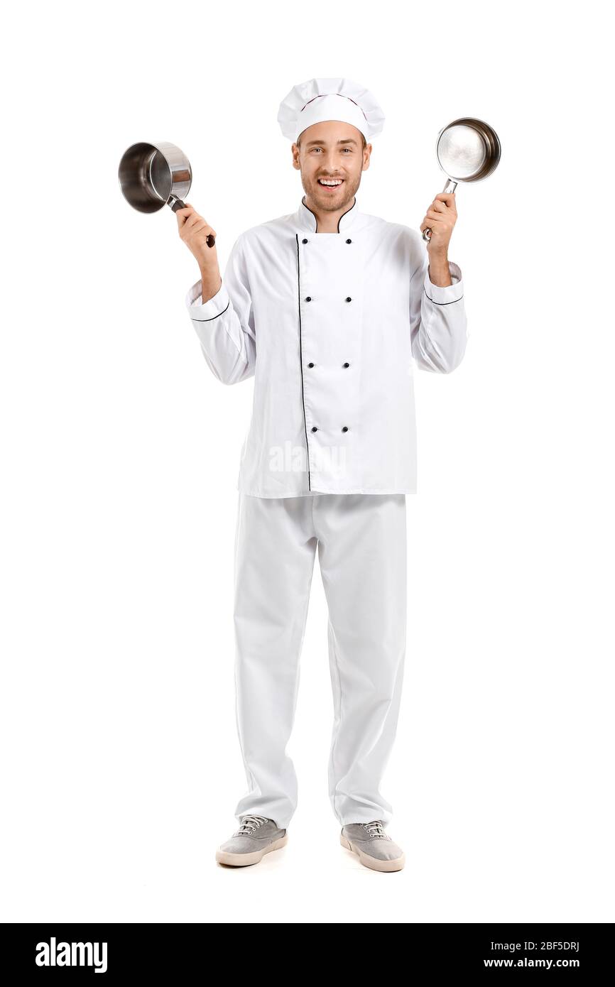 Handsome male chef with saucepans on white background Stock Photo - Alamy