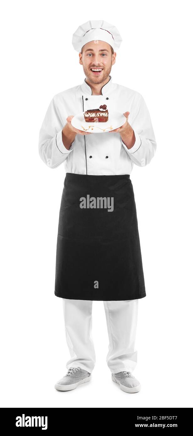Happy male chef with piece of cake on white background Stock Photo - Alamy