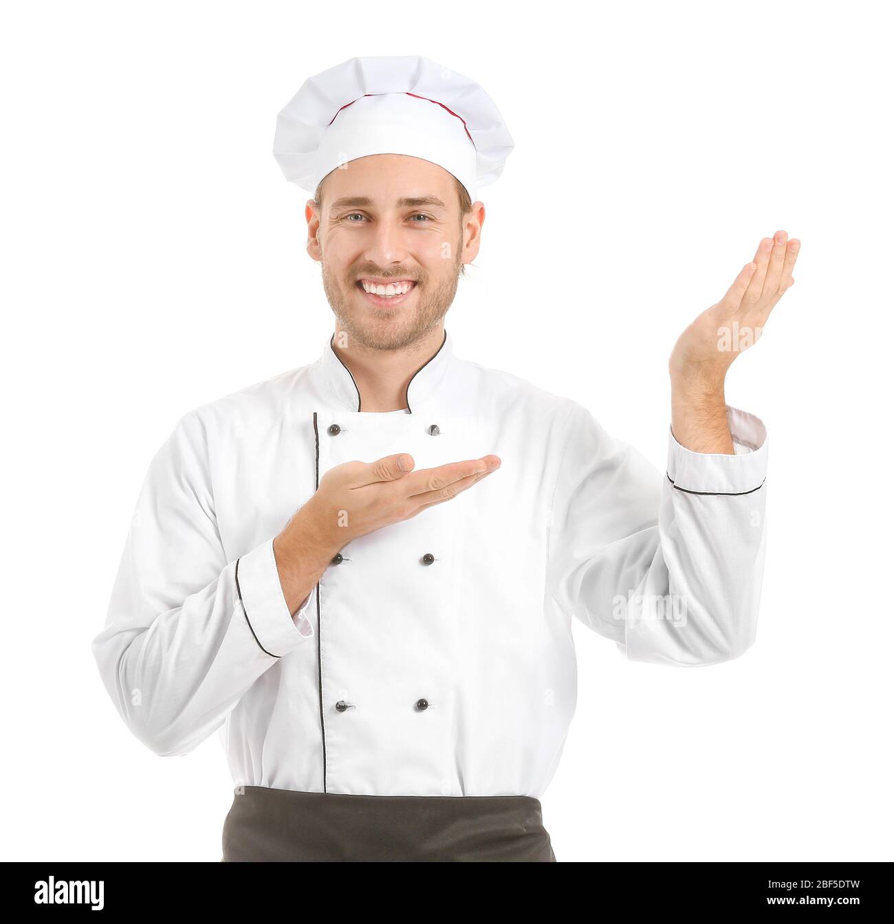 Handsome male chef showing something on white background Stock Photo ...
