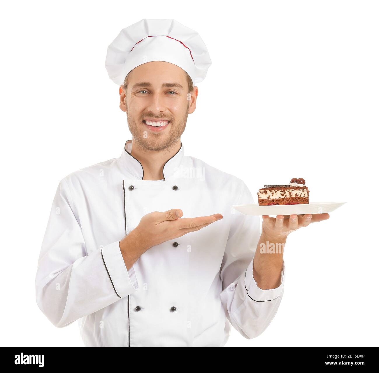 Happy male chef with piece of cake on white background Stock Photo - Alamy