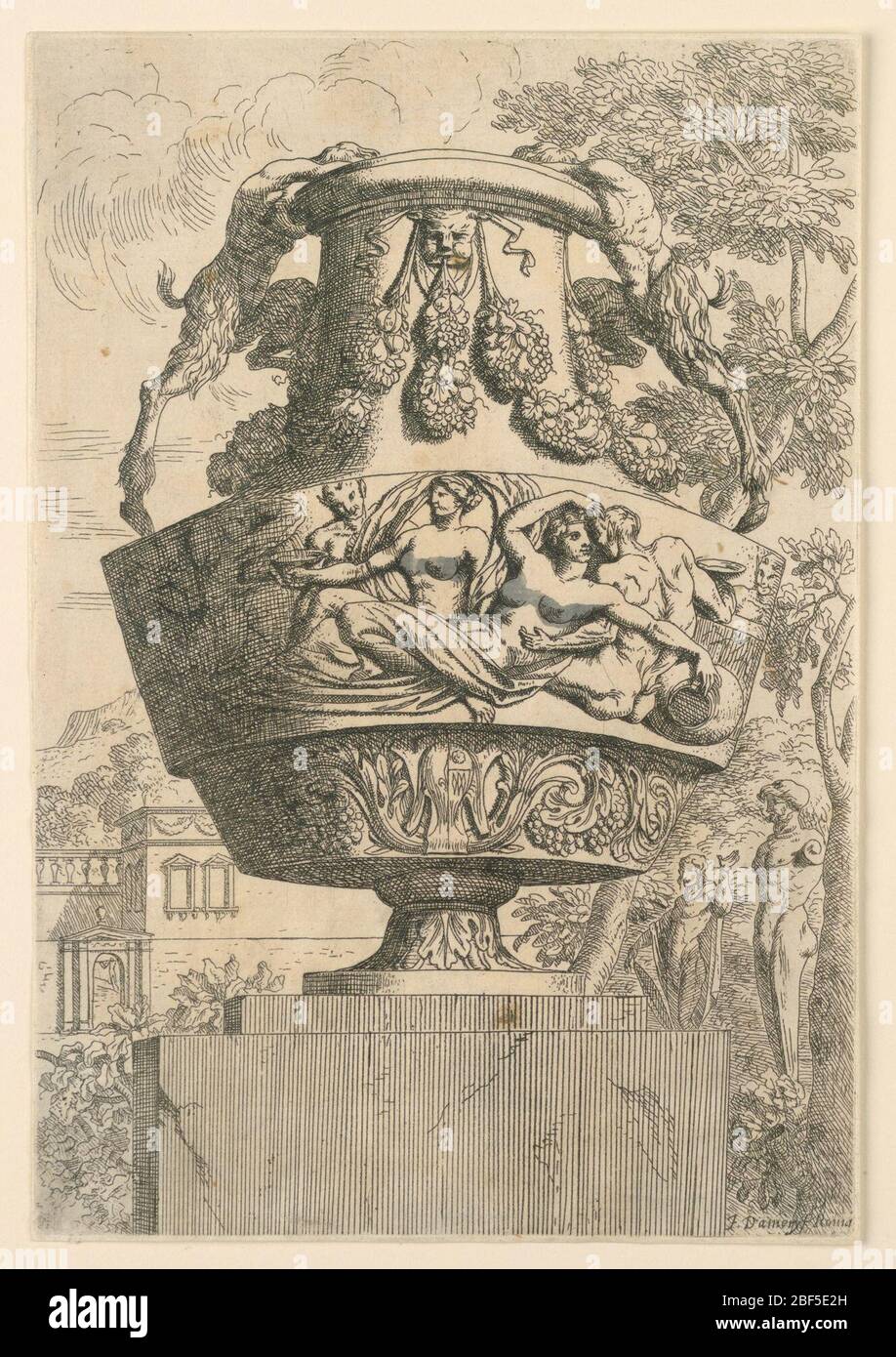 Design for a Vase. Vase on a base. Handles made of satyrs; frieze of ...
