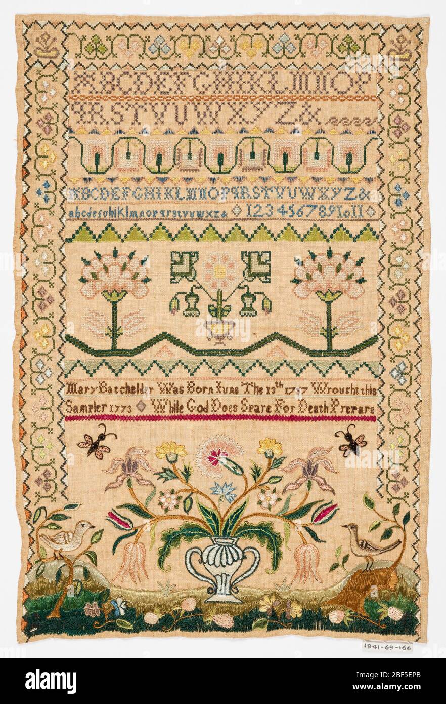 Sampler. Sampler with a stylized floral border on three sides. In the ...