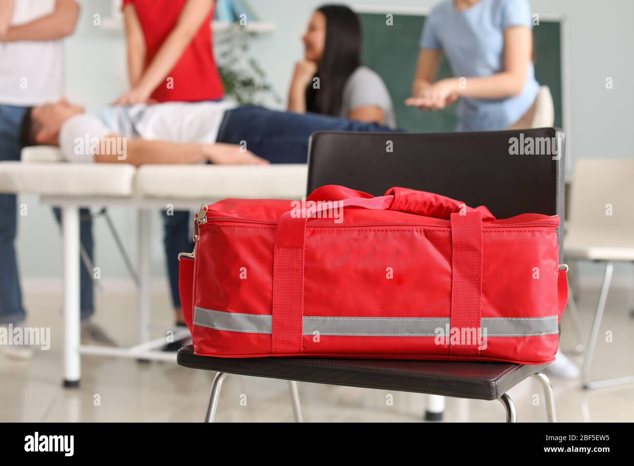 Bag of paramedic on chair at first aid training course Stock Photo - Alamy