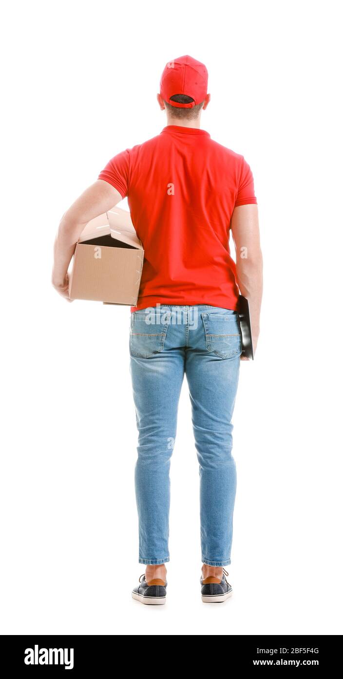 Delivery man with box on white background, back view Stock Photo - Alamy