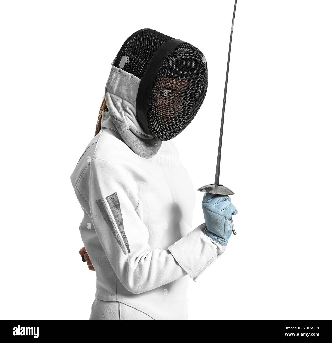 Young female fencer on white background Stock Photo - Alamy