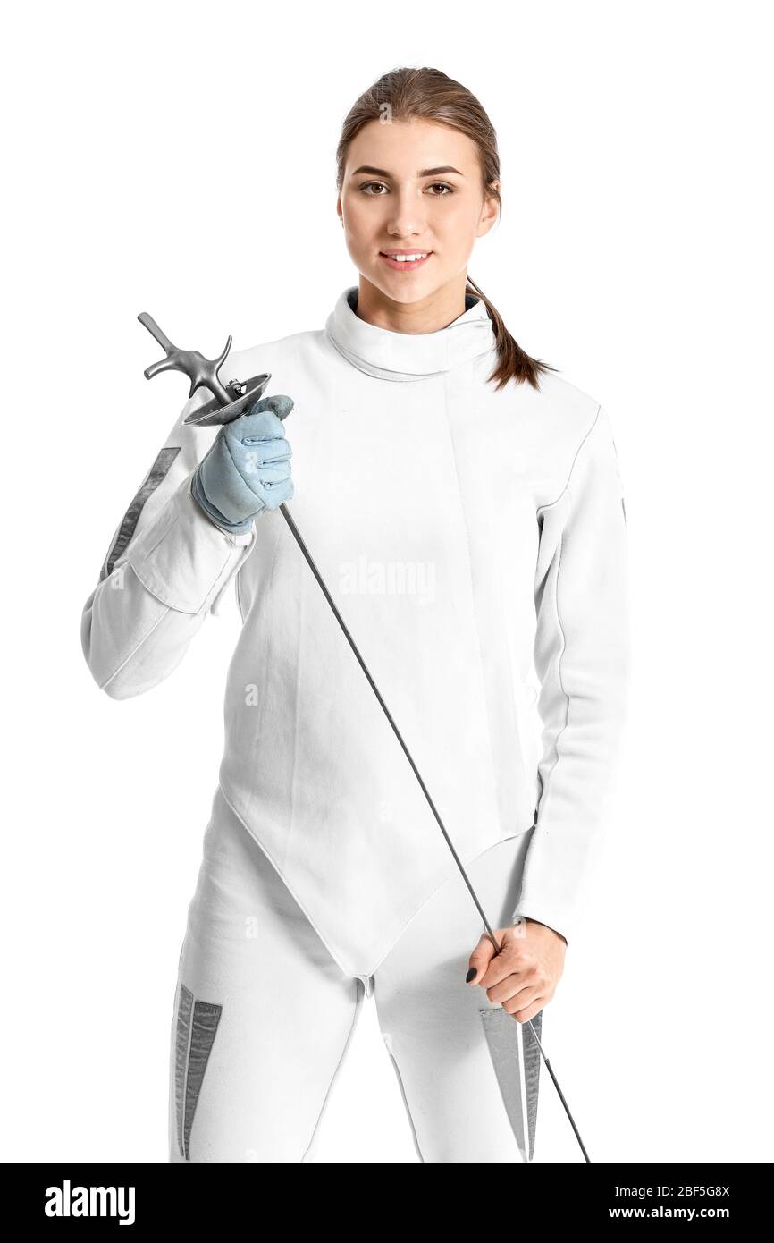Young female fencer on white background Stock Photo - Alamy