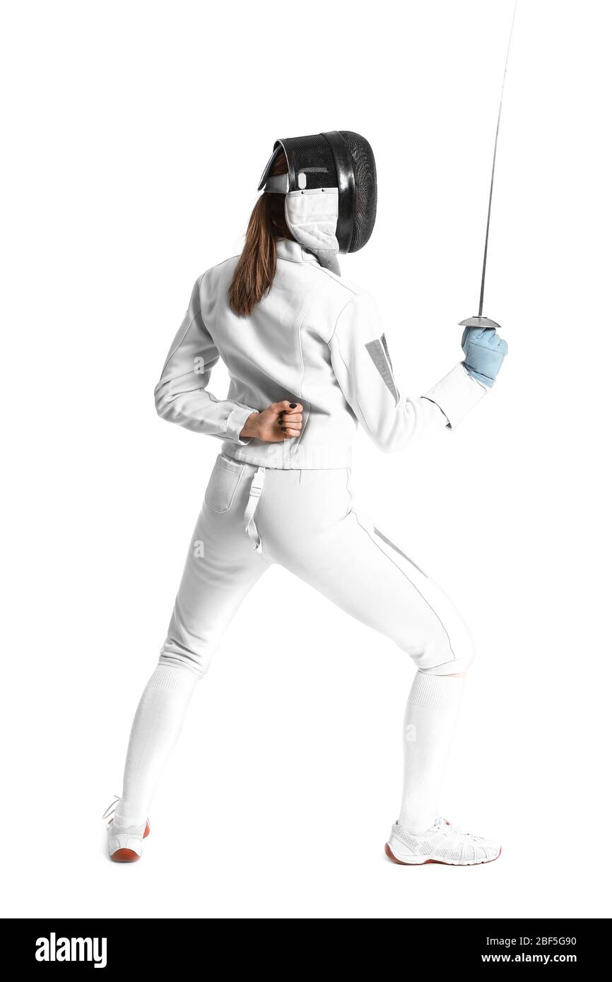 Young female fencer on white background Stock Photo - Alamy
