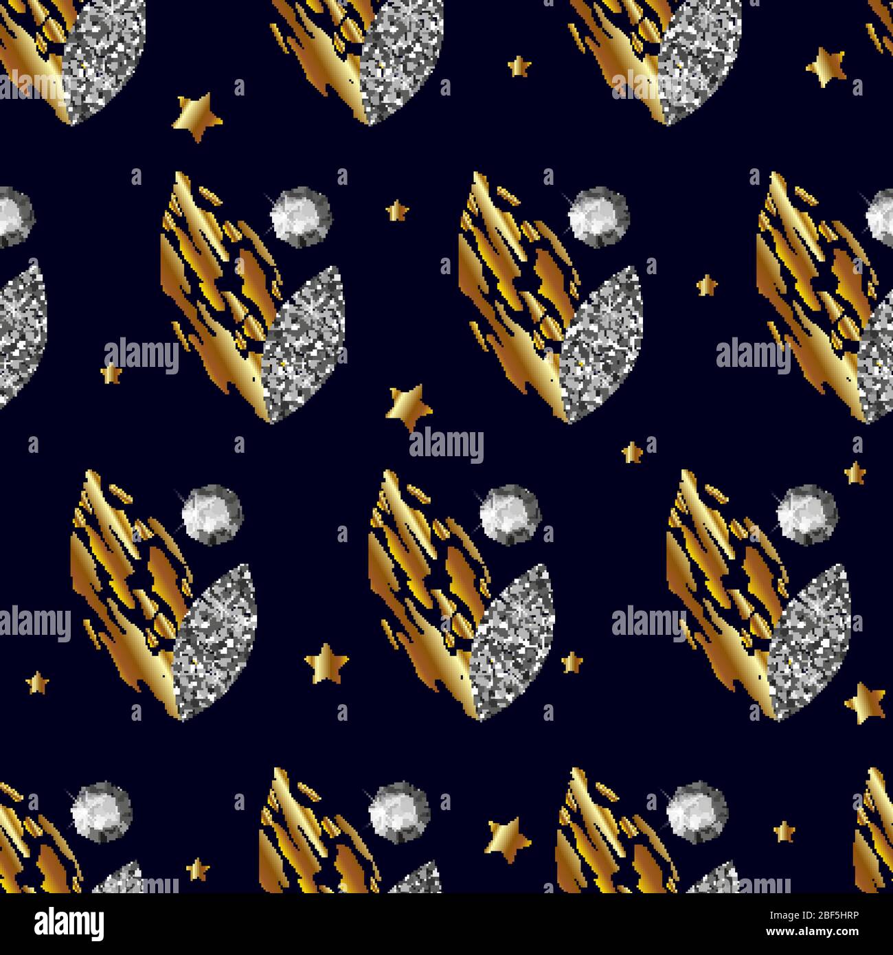 Seamless pattern with gold and silver leaves, precious stones on dark ...