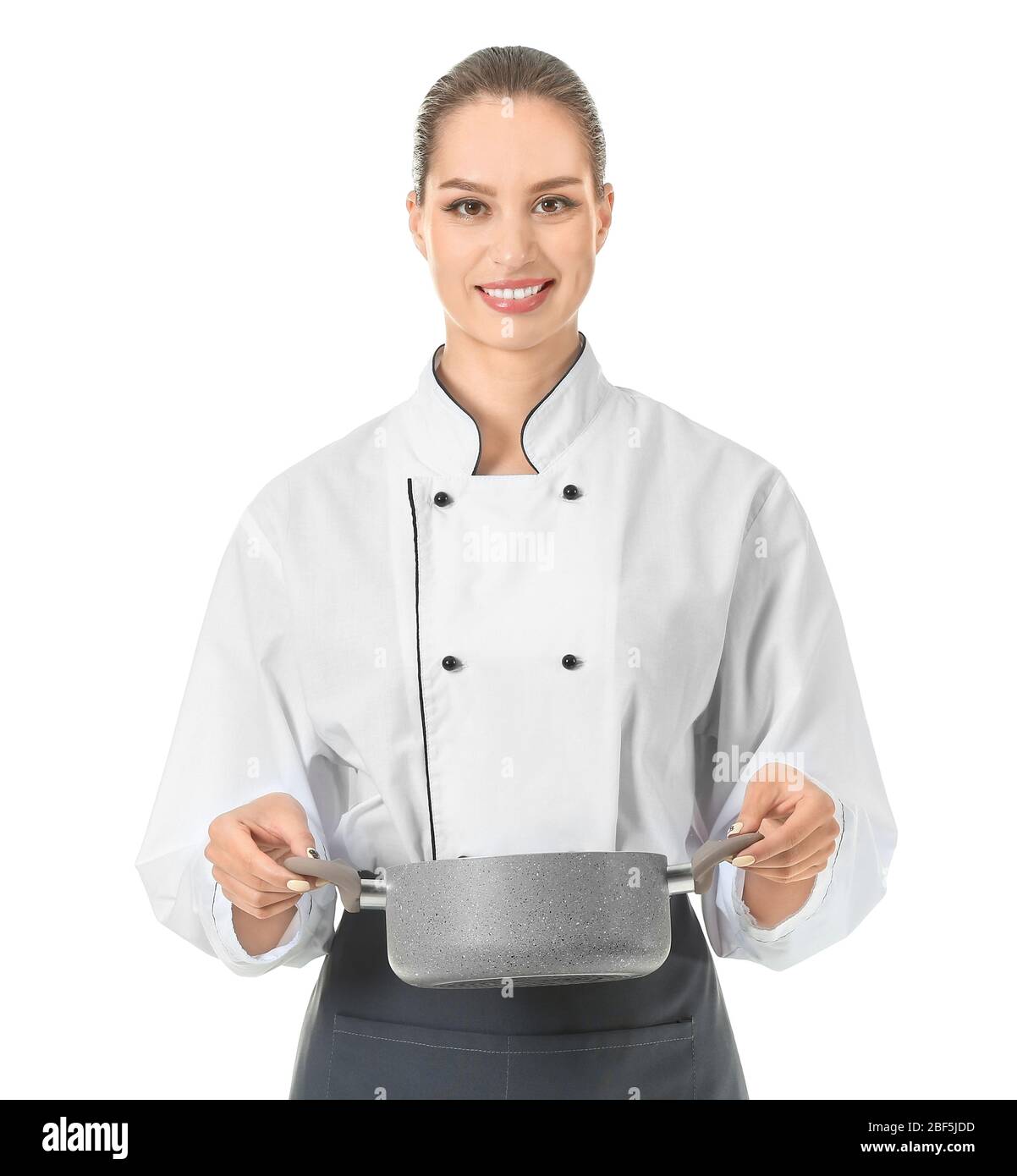 Beautiful female chef with pot on white background Stock Photo - Alamy